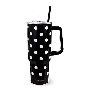 Kate Spade New York 40 Ounce Tumbler with Handle and Straw, Double Wall Stainless Steel Insulated Tumbler, Cupholder Friendly 40 oz Cup, Black Metal Tumbler for Hot or Cold Drinks, Picture Dot