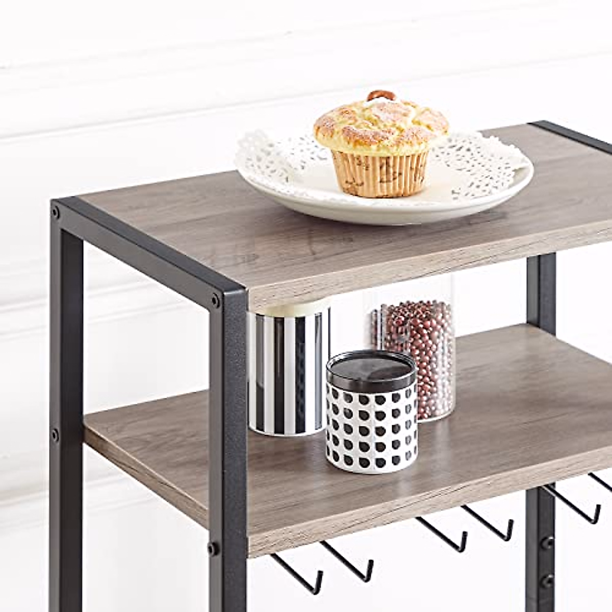 HOOBRO Freestanding Wine Rack, 16-Bottle Wine Storage Rack with Tabletop and Glass Holder, 6-Tier Bar Rack, for Kitchen, Bar, Dining Room, Greige and Black BG04JJ01