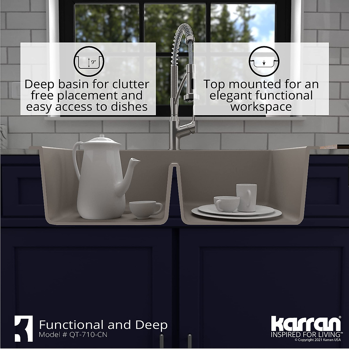 Karran QT-710 Drop-in Quartz Composite 33 in. 1-Hole 50/50 Double Bowl Kitchen Sink Kit in Concrete