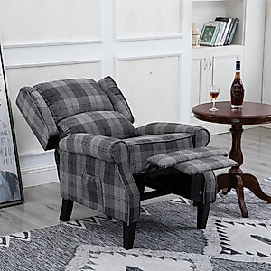 Pushback Recliner Chair,Upholstered Wingback Traditional Push Back Recliner Single Sofa,Mid Century Modern Lounge Armchair for Living Room,Home Theater Accent Chairs Recliners Couches (Grey Check)
