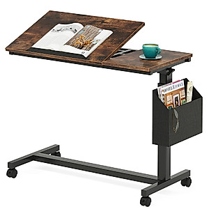 Tribesigns Height Adjustable C Shaped End Table with Wheels and Side Pocket, Mobile Sofa Snack Table with Tiltable Drawing Board, Laptop Side Tray Table for Couch Bed (Rustic Brown)