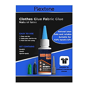 Plextone 1 Min Quick Bonding Fast Dry Sew Glue Liquid Reinforcing Adhesive Speedy Fix for All Fabrics Clothing Cotton Flannel Denim Leather Polyester Doll Repair (60ml)