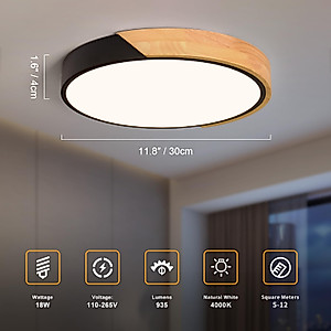 Vikaey Modern LED Ceiling Light, Minimalist Wood Flush Mount Ceiling Light Fixture, 4000K Not Dimmable, Circle Lighting Lamp with Acrylic Lampshade for Bedroom Laundry Room Hallway (Black,11.8")