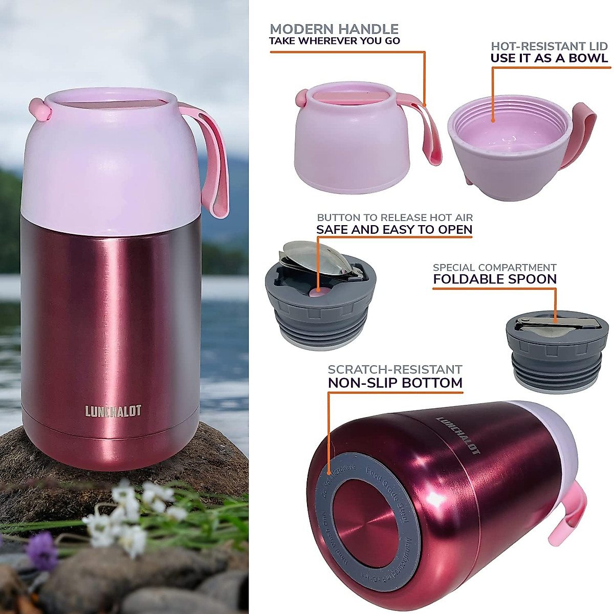 LUNCHALOT Insulated Food Jar for Hot Food in a Bag - 15 & 21 Oz Soup Lunch Box Container for Adults Vacuum Stainless Steel Jar & Foldable Spoons - Pink Wide Mouth Flask for Work Travel