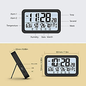 Digital Clock, Digital Wall Clock Battery Operated, Clocks with Large Display, Alarm Clock with Backlight, Desk Clock with Temperature Humidity Day Date for Bedroom Living Room Office (Black)