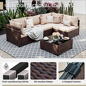 UPHA 5 Pieces Patio Furniture Sets Outdoor Sectional Sofa Wicker Conversation Couch for Decks, Backyards, Gardens, Brown Rattan, Beige Cushion