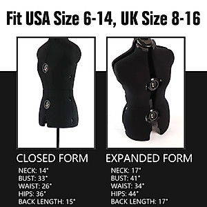 PDM WORLDWIDE Black Dress Form Adjustable Mannequin for Sewing, Female Size 6-14 Pinnable Body Form with 13 Dials & Detachable Casters, 42.5"-60" Height Range for Clothing Display, Small to Medium