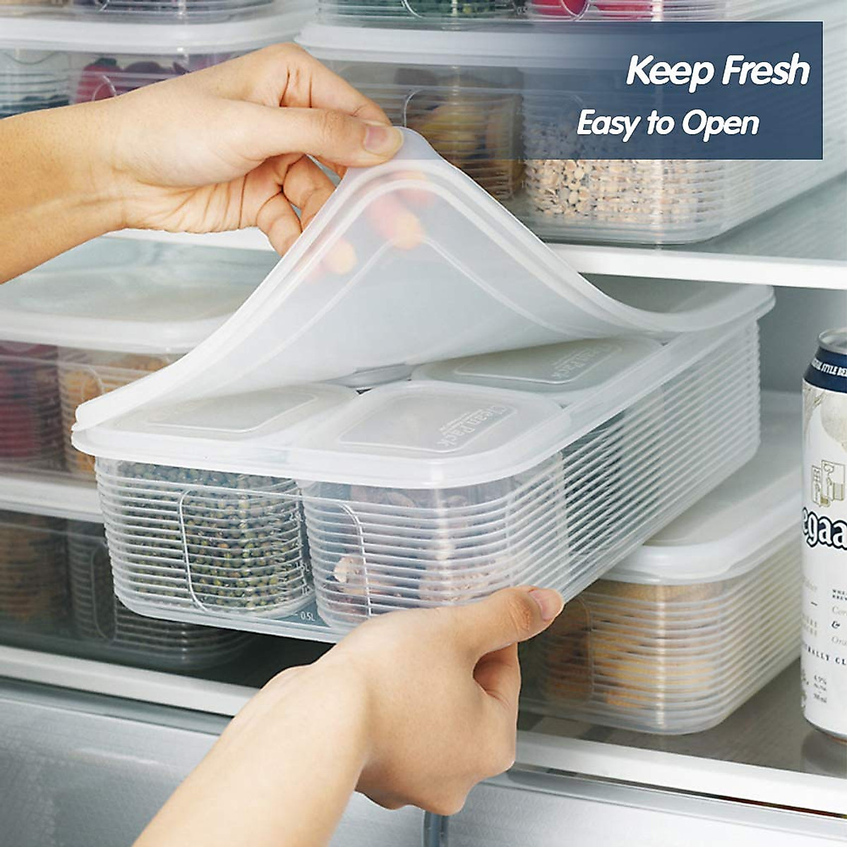 Sel natural Food Storage Containers with Lids Airtight,Plastic Reusable Fresh Produce Fruit Storage Organizer Storage Bin with 6 detachable small boxes for Storing Fish, Meat, Vegetables