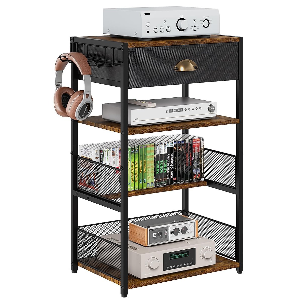 Hongtamoya 4-Tier AV Media Stand with Drawer, Video Game Console Shelf with 2 Hooks, Audio Rack Tower Perfect for/Xbox/ PS5/Switch/Game Consoles/DVD/Record Player/Projector/Sky Box/TV Accessories