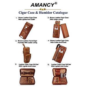 AMANCY Premium Brown Leather Travel Cigar Case,Luxury Portable Cigar Humidor W/Quality Cigar Cutter Lighter Set