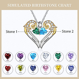 Zomodia Personalized Simulated Birthstone Necklace for Women, Angel Wings Necklace Custom Mom Necklace with Names Engraved Heart Promise Pendant for Her (2 stones)