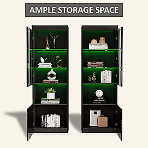 AMERLIFE 2 Piece 71in Tall Bookcase Storage Cabinet with Glass Doors, Modern High Gloss LED Bookshelf Display with 5 Tiers for Storage & Adjustable Glass Shelves for Living Room, Office, Black