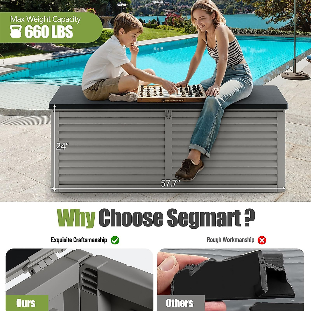 SEGMART 130 Gallon Outdoor Storage Box, Waterproof Lockable Deck Box, Equipped with Handles, Easy to Move, Suitable for Gardens, Yards (Gray)