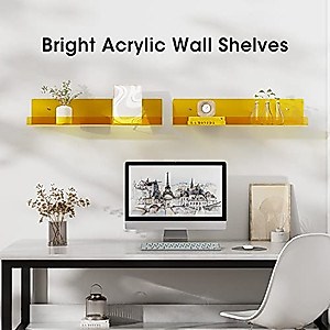 RRG 15 Inch Acrylic Floating Shelves, 2 Pack Kids Floating Bookshelf Wall Mounted Display Shelf for Books, Kids Room, Nursery, Bedroom, Bathroom, Living Room (Yellow)