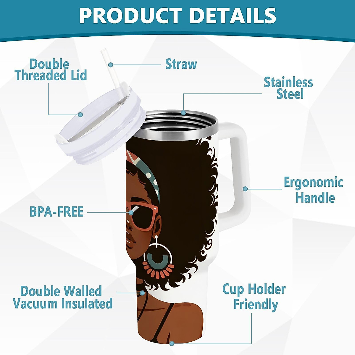 FENOCHE African American Woman Earrings 40 oz Tumbler Insulated Cups Stainless Steel Water Bottle with Handle Lid and Straw Tumblers for Car Cup Holder