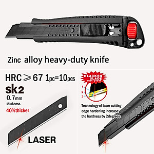 ASSIST Heavy Duty Utility Knife,Zinc Alloy Box Cutter，with Extra 10 Pcs SK2 High-Carbon Steel Black Premium Tempered Sharp Blades, Hand tool Christmas Gifts