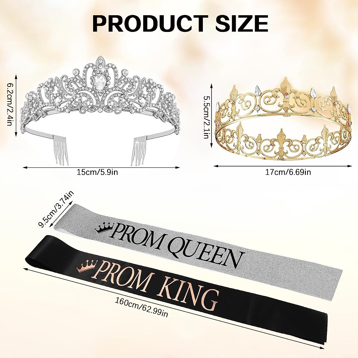 4 Pcs Prom King and Queen Crown Set with Sashes Prom King and Queen Sashes Suit Shiny Satin Prom Crowns Tiara Sash for Prom Birthday Wedding School Graduate Party Favors