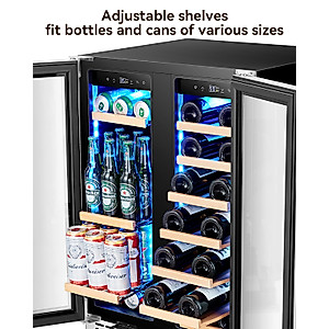 Plotanis 24 Inch Wine Fridge Dual Zone 20 Bottles 60 Cans Wine Refrigerator Built-in or Freestanding Wine Beverage Cooler with Glass Door, 3-Color Light, Safety Lock
