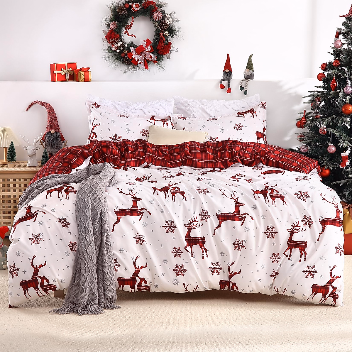 STARBEDIA Christmas Duvet Cover King, Soft Brushed Microfiber Comforter Cover Sets, Reindeer Printed Holiday Theme Bedroom Decorative Bedding (King Size, Red Plaid Deer)