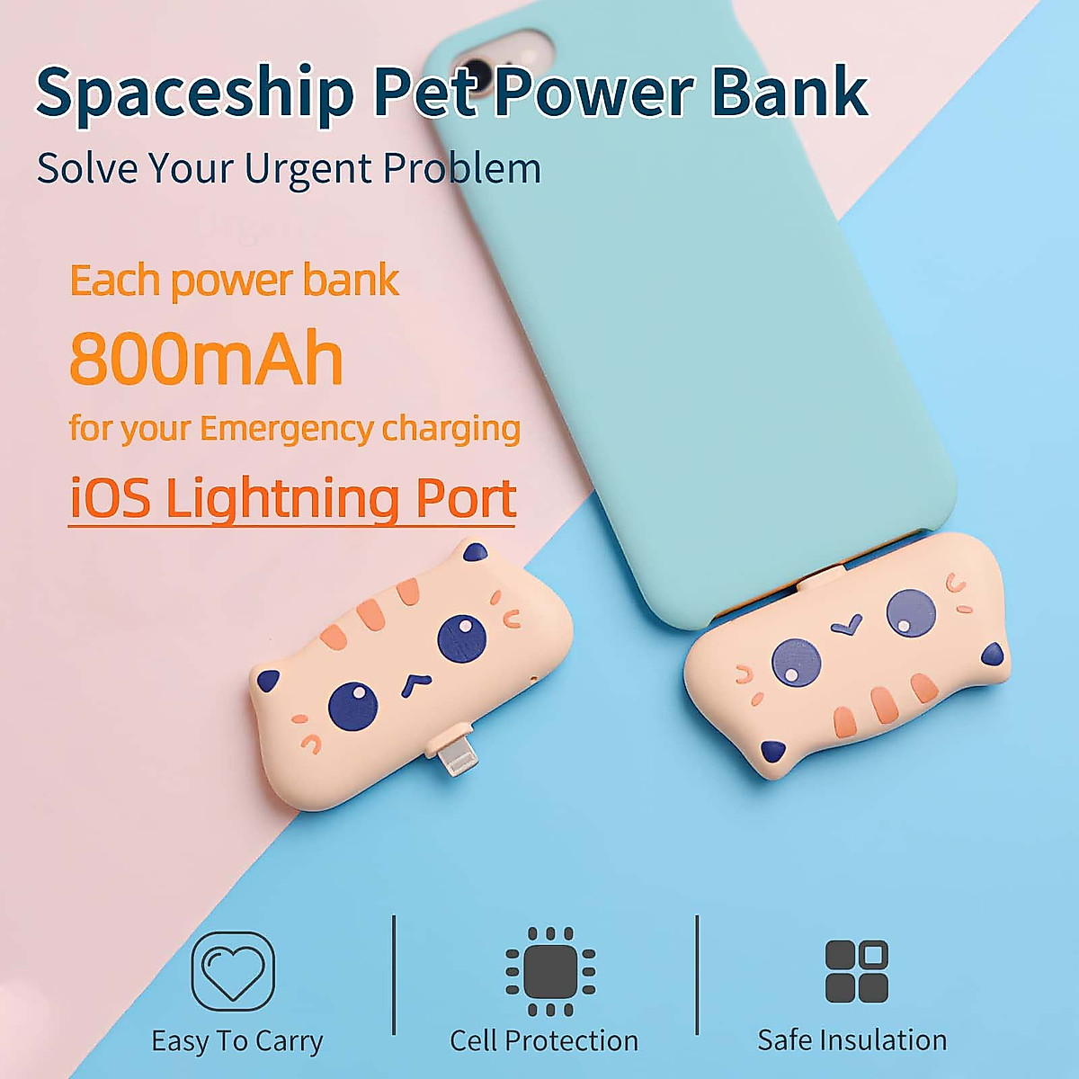 Small Cute Portable Charger, 2 pcs Cute Cat Mini Power Bank with LED Night Light External iOS Portable Phone Charger Battery Pack Emergency Cute Battery Pack Compatible with iPhone 14 (iOS Lightning)