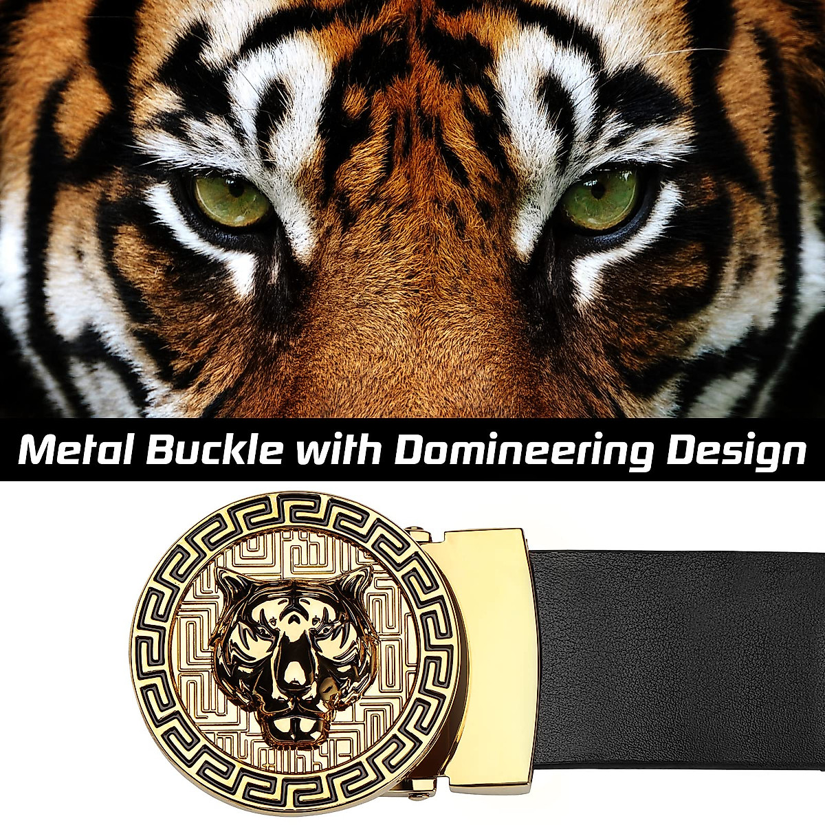 JEKIXHUA Men's Luxury Gold Tiger Buckle Cowhide Leather Dress Belt fit 44" Adjustable (Tiger 2, 22" - 42" Waist Adjustable)