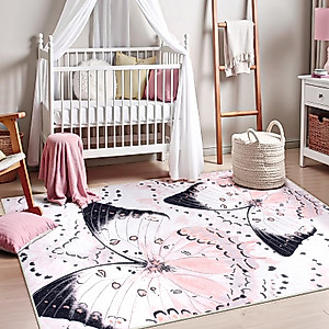 Butterfly Pink Rugs for Bedroom Girls, Washable 5x7 Area Rugs for Living Room Ultra-Thin Soft Nursery Rug, Modern Insect Print Non Slip Carpet Rug for Kids Girl Classroom Play Room Office