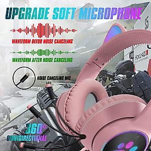 MIDOLA Gaming Wired AUX 3.5mm Cat Ear Headphone Over Ear LED Light Fit Adult & Kids Girl Boy Foldable Stereo Headset Earmuffs with Mic for PC PS4 Game Cellphone Laptop Pad Pink