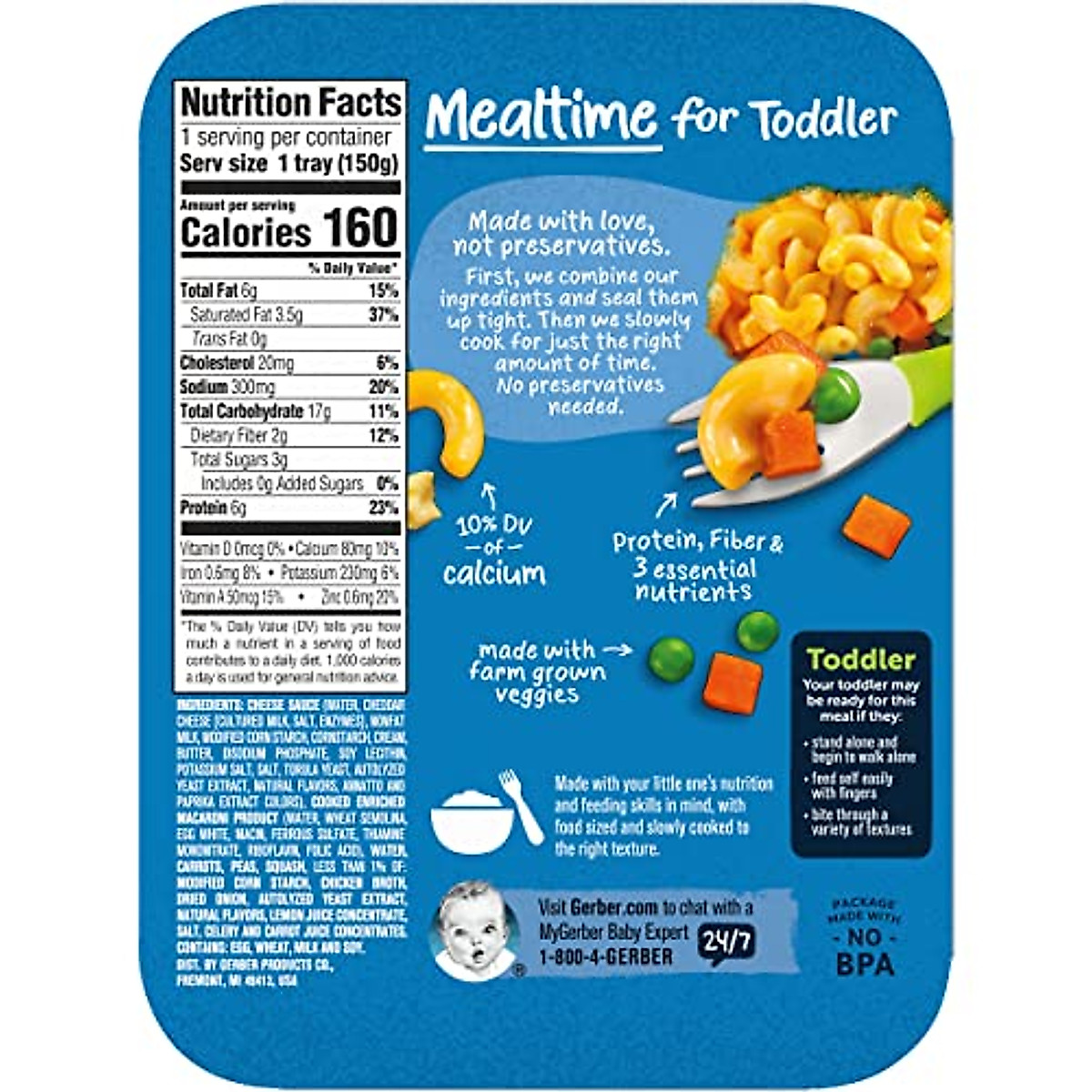 Gerber Mealtime for Toddler Macaroni & Cheese with Side of Seasoned Peas & Carrots, Made with Real Cheddar Cheese & Farm Grown Veggies, 6.6 OZ (Pack of 4)