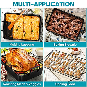 TeamFar Roasting Pan, 15’’ Nonstick Deep Lasagna Brownie Turkey Pan with V-Shaped Rack & Cooling Rack, with Stainless Steel Core & Nonstick Coating, Healthy & Sturdy Handles, Easy to Clean, Set of 3