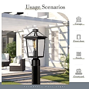 zeyu Farmhouse Outdoor Post Light Fixture, 13.4 Inch Column Lamp Post Lantern for Garden Patio House, Die-Cast Aluminum in Black Finish, Seeded Glass Shade, ZX58P BK