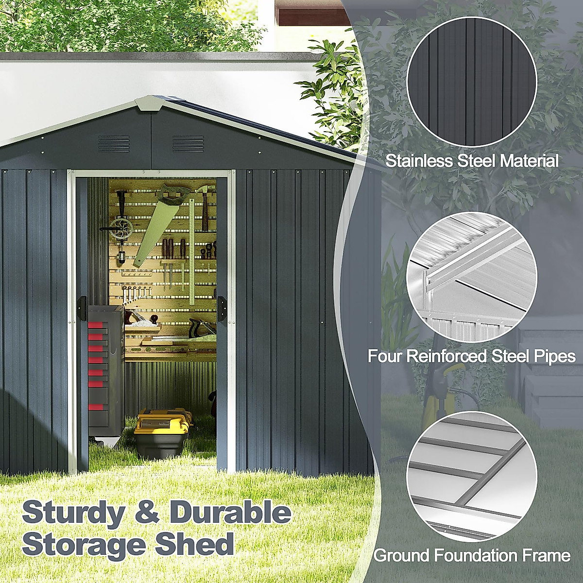 IRONMAX Outdoor Storage Shed with Floor, 7 x 5 FT Galvanized Steel Garden Shed Cabinet with Double Sliding Door & Air Vent, Utility Metal Tool Storage Shed House for Garden, Backyard, Patio, Lawn