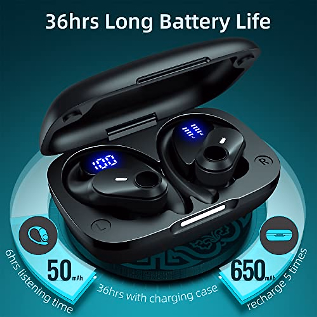 FK Trading for TCL 10 5G Wireless Earbuds Bluetooth Headphones, Over Ear Waterproof with Microphone LED Display for Sports Running Workout - Black