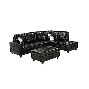 BIADNBZ Sectional Sofa with Right Chaise Lounge PU Faux Leather Couch for Living Room, Storage Ottoman, 2 Pillows, Black
