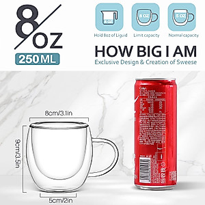 Didaey 8 Pack 8 oz Glass Coffee Mugs Clear Insulated Glass Espresso Coffee Cups with Handle Cafe Mugs Set Borosilicate Glassware Cups for Tea Latte Hot Iced Beverages