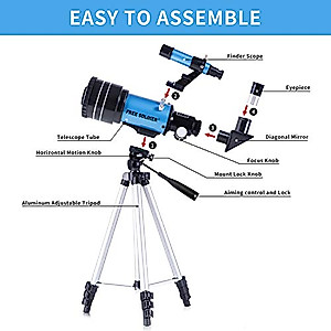 Telescope for Kids Astronomy Beginners - 70mm Aperture Refractor Telescope for Viewing Planets Stars with Adjustable Tripod Phone Adapter Wireless Remote Cool Christmas Astronomy Gifts for Kids, Blue