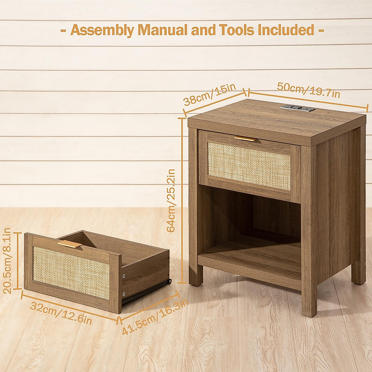 SICOTAS Rattan Nightstand Tall End Table - Farmhouse Side Table with Storage Cabinet Boho Night Stand Bedside Table for Bedroom, Small Space