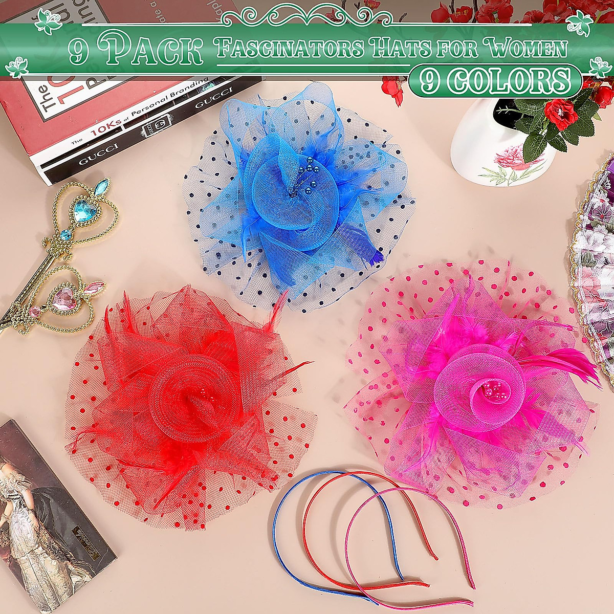 Tigeen 9 Pcs Fascinator for Women Tea Party Hat Headband Cocktail Veil Flower Feather Mesh Derby Hat for Wedding Church (Simple Color,Classic Style)