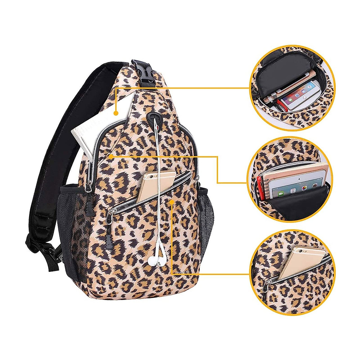 MOSISO Sling Backpack,Travel Hiking Daypack Leopard Print Rope Crossbody Bag, Brown, Medium