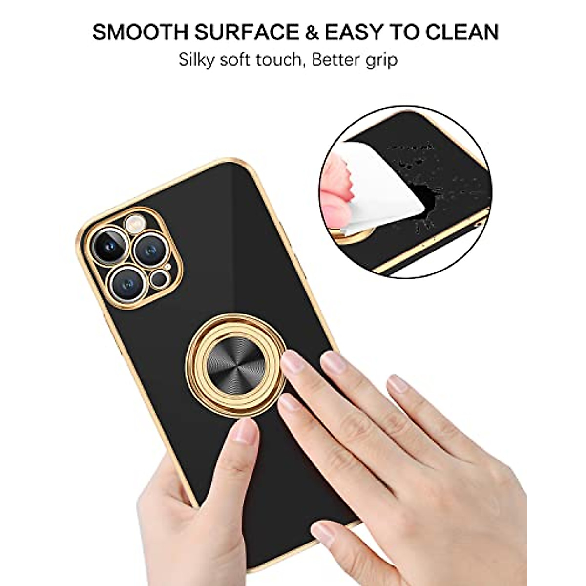 BENTOBEN iPhone 12 Pro Case with 360° Ring Holder, Shockproof Slim Kickstand Magnetic Support Car Mount Women Men Non-Slip Protective Phone Case for iPhone 12 Pro 6.1", Black/Gold
