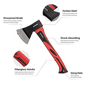INTERTOOL 15” Hatchet Axe, 1.8 lbs, Small Camping Ax, Wood Cutting and Chopping, Shock Absorbing Fiberglass Anti-Slip Handle HT-0262