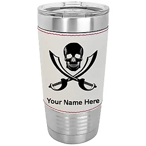 LaserGram 20oz Vacuum Insulated Tumbler Mug, Jolly Roger, Personalized Engraving Included (Faux Leather, Baseball Style)