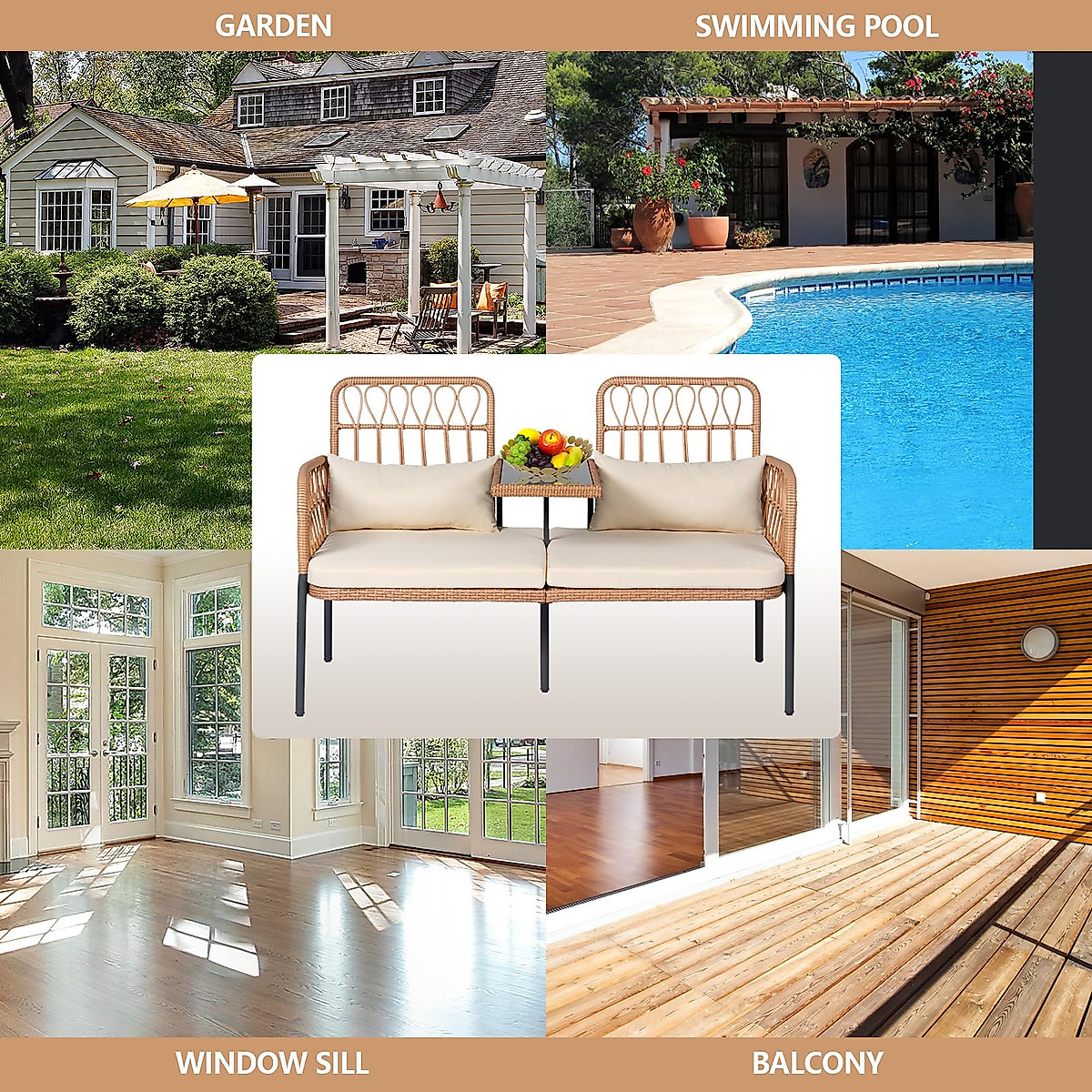 HOMEZILLIONS Outdoor Loveseat 2 Pieces Patio Furniture Set, Porch Furniture Wicker Large Loveseats, Patio Conversation Sets with Cushions & Lumbar Pillows and Built-in Table