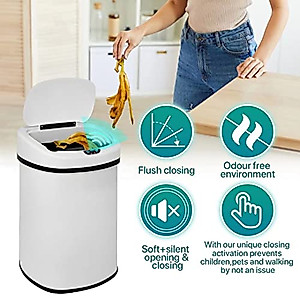 NiamVelo 13 Gallon Kitchen Trash Can Bathroom Trash Can Automatic Sensor Stainless Steel Trash Can Garbage Can with Lid by 4xC Batteries for Kitchen, Bathroom,Rest Room,Office, White