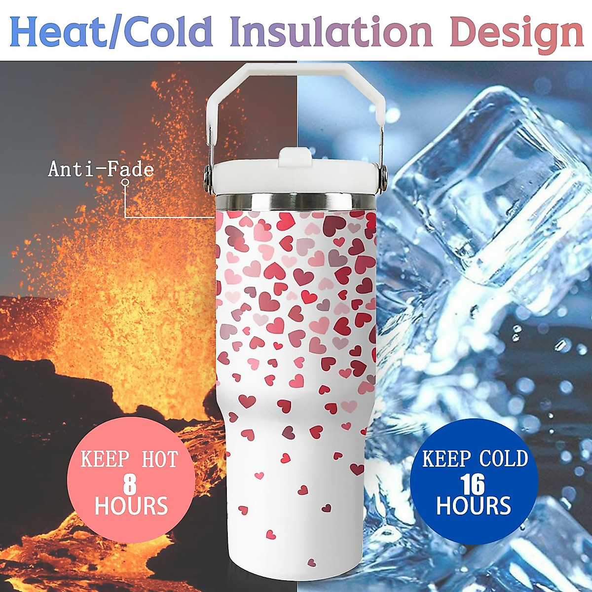 HOWSEESNOW 30oz Valentines Insulated Tumbler with Handle and Straw, Leak Proof Travel Coffee Mug, Reusable Stainless Steel Heart Tumbler, Valentines Gifts for Her