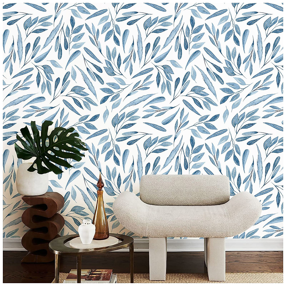 HAOKHOME Boho Peel and Stick Wallpaper Blue Branches Leaves Removable Vinyl Self Adhesive Contact Paper 17.7in x 9.8ft