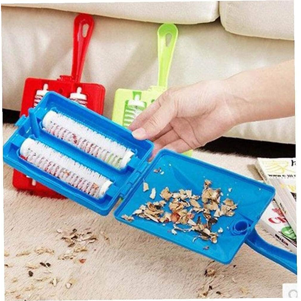 Generic Carpet Double Brush Handheld Sweepe Table Dust Brush Dirt Crumb Collector Cleaner Roller Tools Random Color, Silver