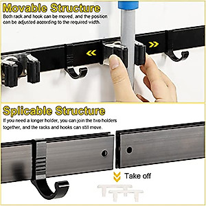 2 Pack 16'' Broom and Mop Holder Wall Mount with Movable Sliding 3 Racks 3 Hooks, Storage Organizer Wall Hanger, Cleaning Tool Hanging Grippers for Kitchen Bathroom Garden Garage Laundry Home Closet