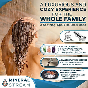 MineralStream Chakra Showerhead Kit with Replacement Beads + Natural Therapeutic Crystals + Shower Arm Diverter + 1.5m Hose | For Luxurious Spa like Experince