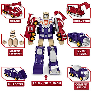 Bakatatoyz 5 in 1 Transform Robot Toy Car, Construction Toy for Boy Toddler Kid, 5 Pull Back Truck Assemble Into Robot Action Figure with Light & Sound, Magnetic Take Apart STEM Toys Birthday Gift