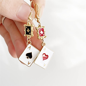 JIUIQL Unique Funny 18K Gold Plated Hypoallergenic Long Poker hearts and spades A Ace Playing Cards Dangle Drop Stud Earrings For Women Gambling Casino Jewelry Gift (Red Black)
